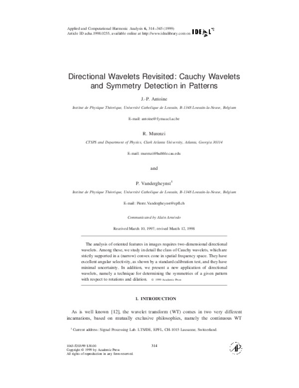(PDF) Directional Wavelets Revisited: Cauchy Wavelets and Symmetry ...