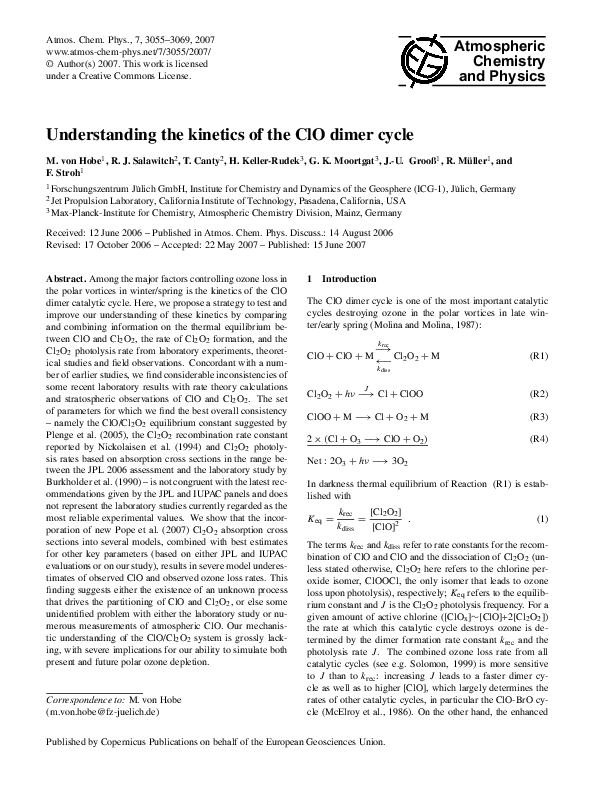 (PDF) Understanding the kinetics of the ClO dimer cycle