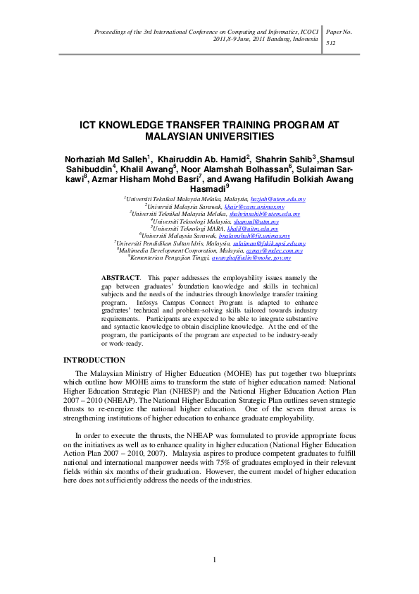 (PDF) ICT KNOWLEDGE TRANSFER TRAINING PROGRAM AT MALAYSIAN UNIVERSITIES