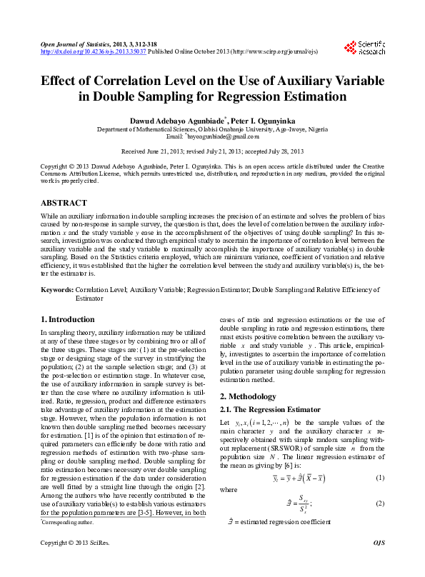 Pdf Effect Of Correlation Level On The Use Of Auxiliary Variable In Double Sampling For