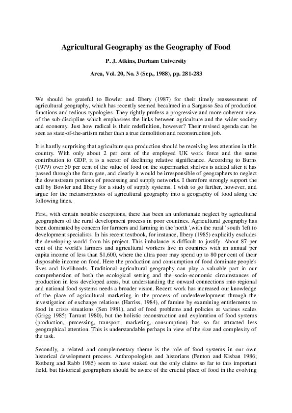 (PDF) Redefining agricultural geography as the geography of food
