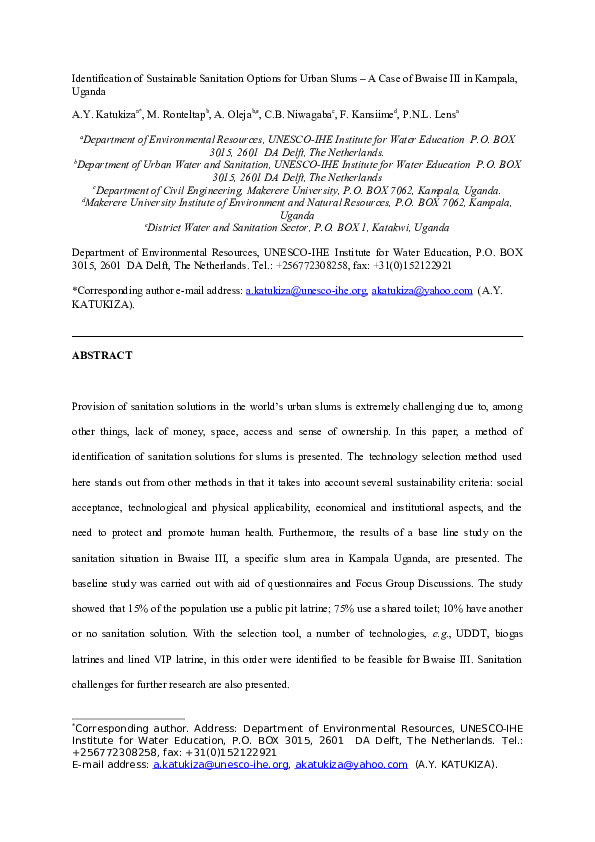 (DOC) Identification of Sustainable Sanitation Options for Urban Slums ...