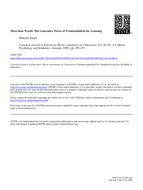 (PDF) More than Words: The Generative Power of Transmediation for Learning