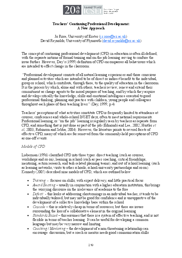 (PDF) Teachers' Continuing Professional Development: A New Approach