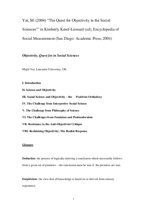 The Quest for Objectivity in the Social Sciences