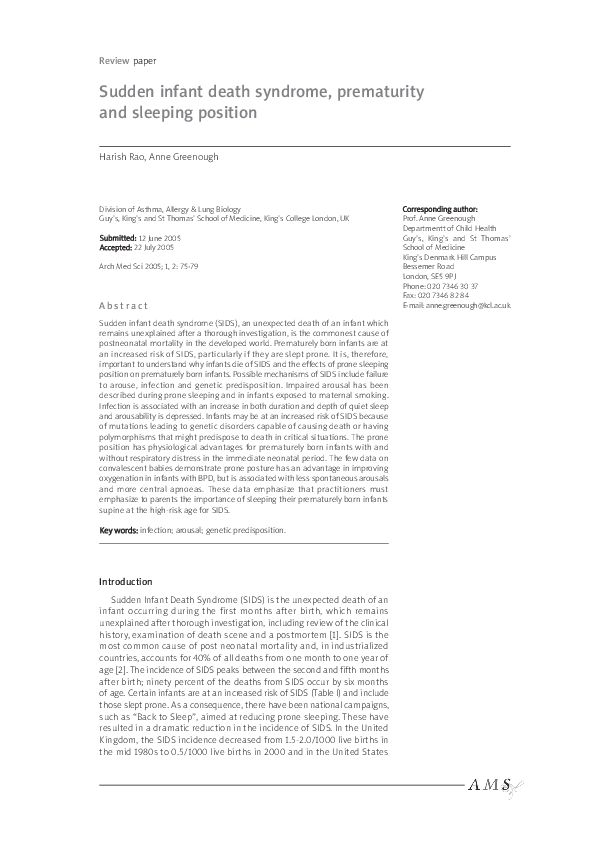 (PDF) Sudden infant death syndrome, prematurity and sleeping position