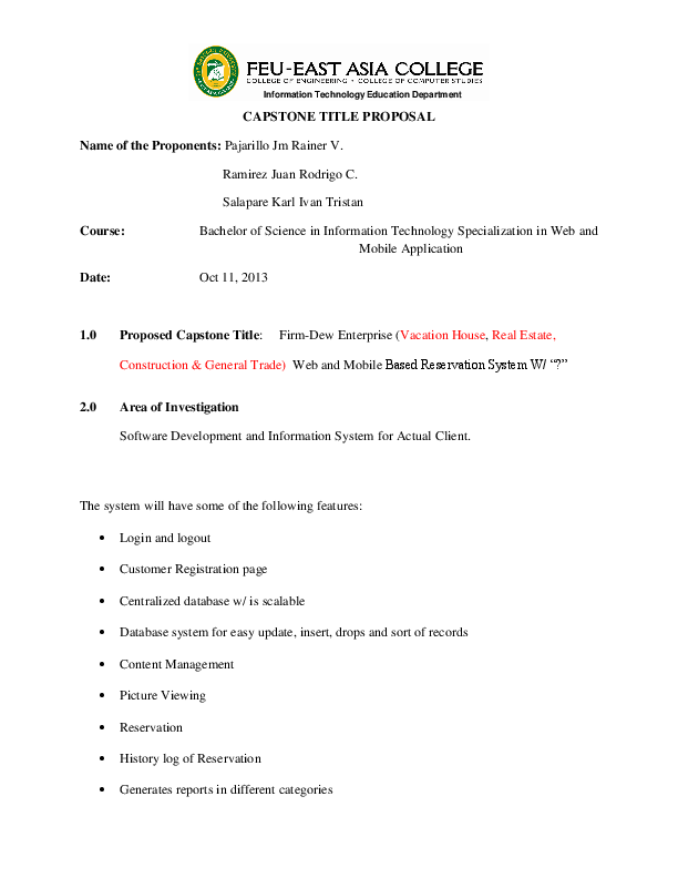 (DOC) CAPSTONE TITLE PROPOSAL Name of the Proponents: Pajarillo