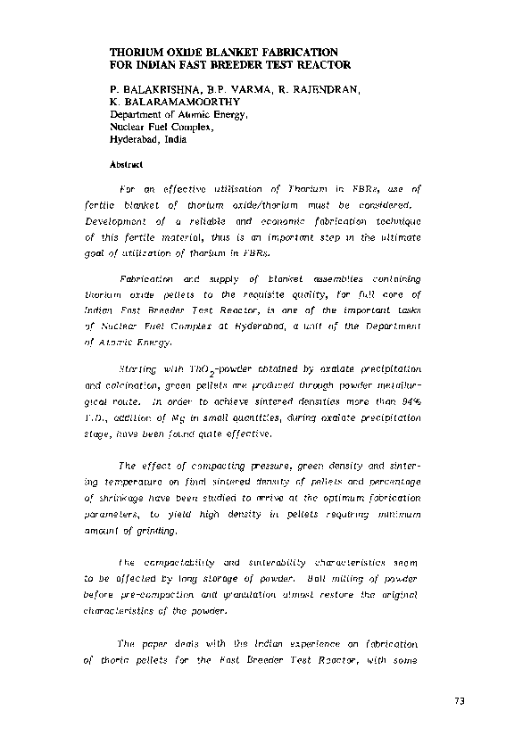 (PDF) THORIUM OXIDE BLANKET FABRICATION FOR INDIAN FAST BREEDER TEST ...