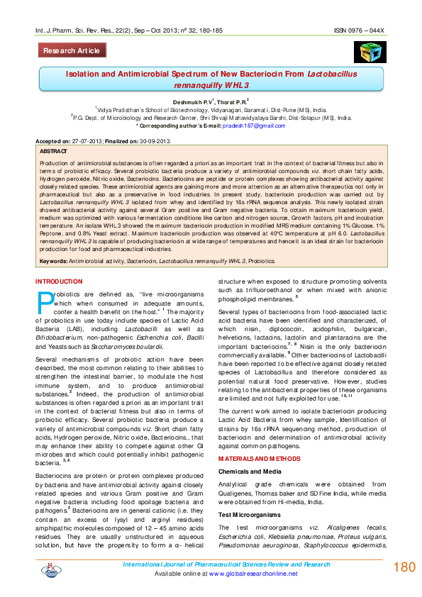 (PDF) Isolation and Antimicrobial Spectrum of New Bacteriocin From Lactobacillus rennanquilfy WHL 3