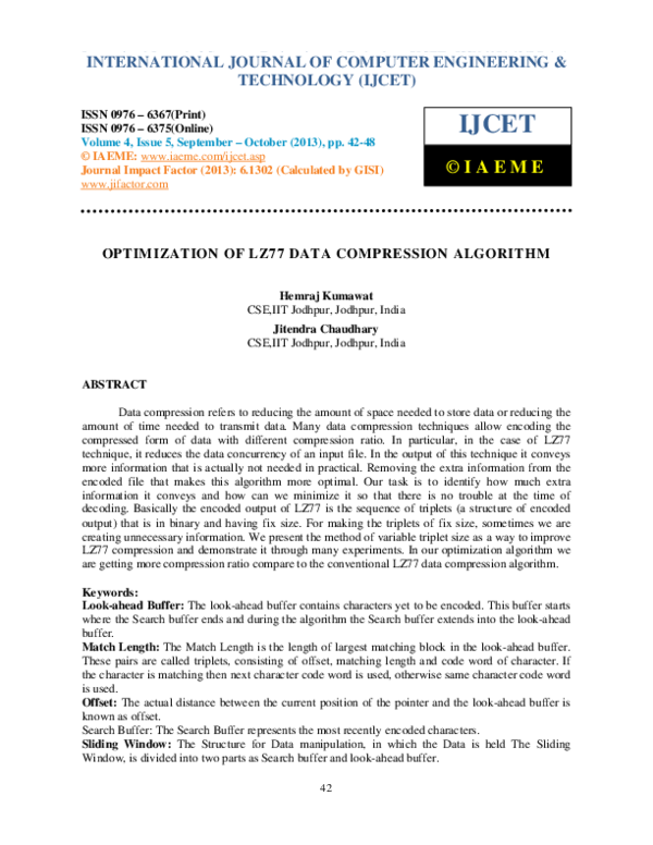 (PDF) OPTIMIZATION OF LZ77 DATA COMPRESSION ALGORITHM (PDF) OPTIMIZATION OF LZ77 DATA COMPRESSION ALGORITHM