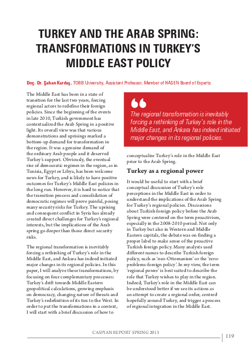 (PDF) Turkey and The Arab Spring: Transformations in Turkey's Middle ...