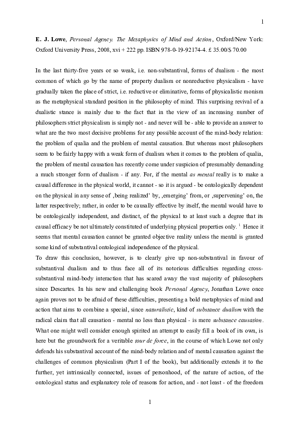 (DOC) Review: E. J. Lowe, Personal Agency