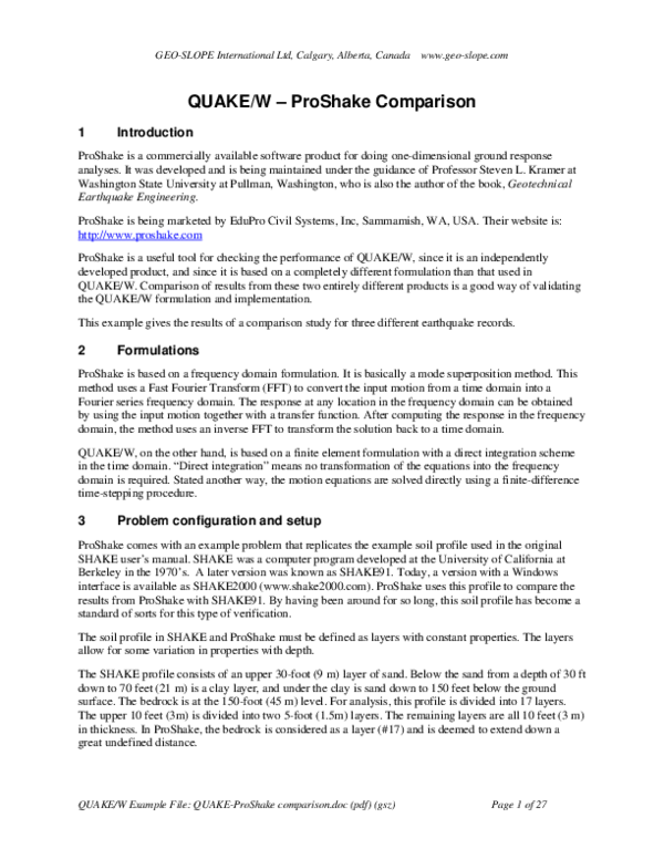 (PDF) QUAKE/W – ProShake Comparison 1 Introduction