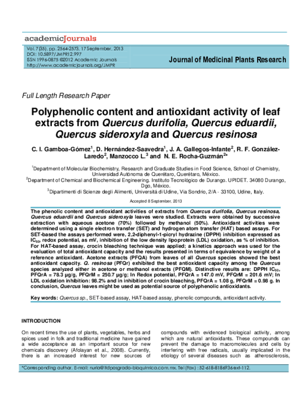 (PDF) Polyphenolic content and antioxidant activity of leaf extracts from Quercus durifolia ...
