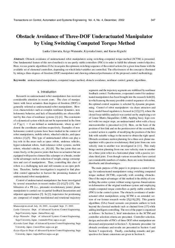 Pdf Obstacle Avoidance Of Three Dof Underactuated Manipulator By Using Switching Computed