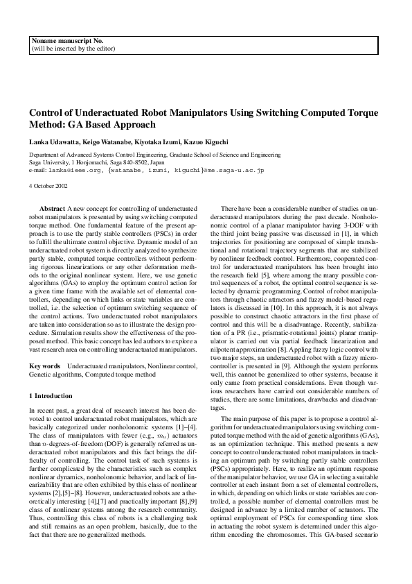 Pdf Control Of Underactuated Robot Manipulators Using Switching Computed Torque Method Ga