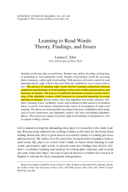 Learning to Read Words: Theory, Findings, and Issues