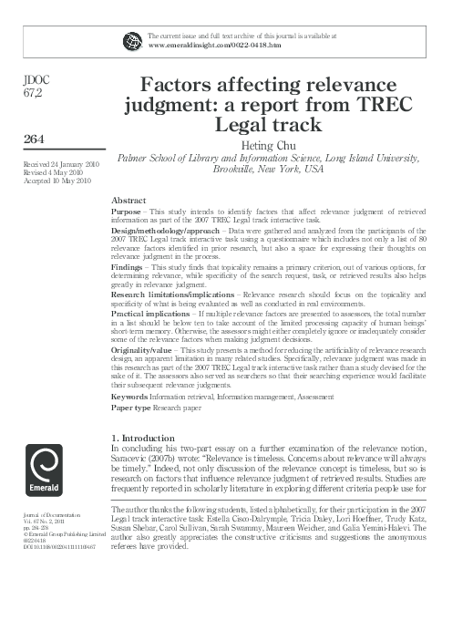 (PDF) Factors affecting relevance judgment: A report from TREC Legal track