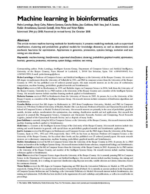 (PDF) Machine learning in bioinformatics