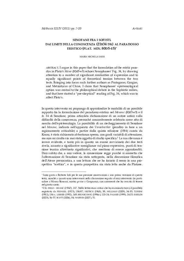 (PDF) SENOFANE FRA I SOFISTI. DAI LIMITI DELLA CONOSCENZA (21B34 DK) AL ...