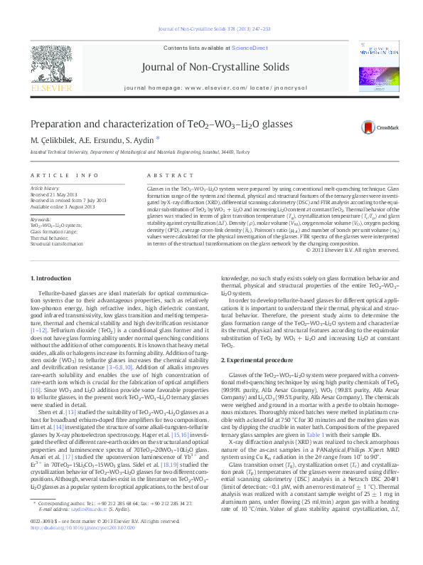 (PDF) Preparation and characterization of TeO2 –WO3 –Li2O glasses