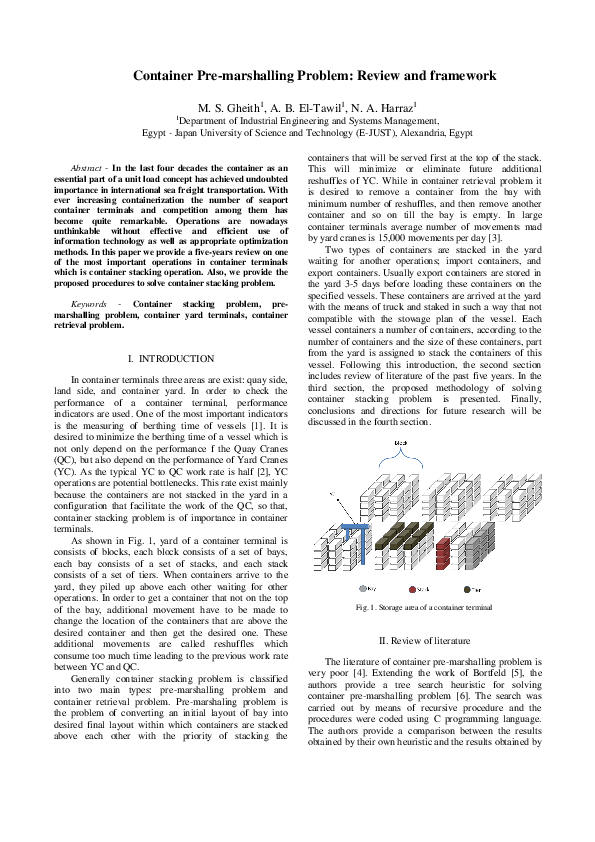 Pdf Container Pre Marshalling Problem Review And Framework