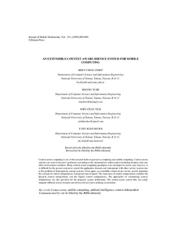 Pdf Extendible Context Aware Service System For Mobile Computing