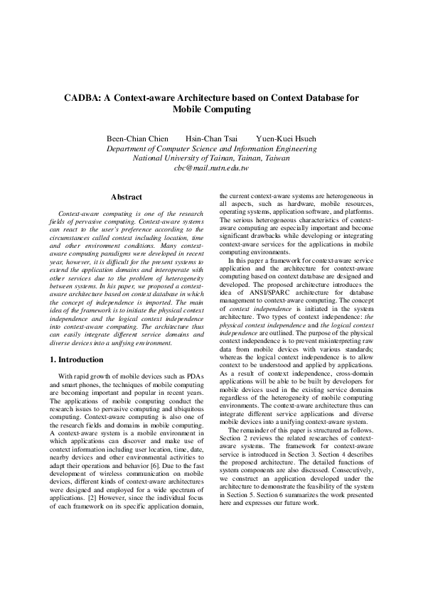 Pdf Cadba A Context Aware Architecture Based On Context Database For Mobile Computing