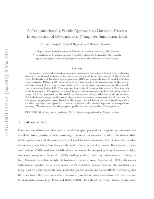 (PDF) Gaussian Process Models and Interpolators for Deterministic Computer Simulators