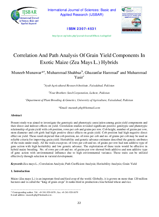 (PDF) Correlation And Path Analysis Of Grain Yield Components In Exotic Maize (Zea Mays L.) Hybrids