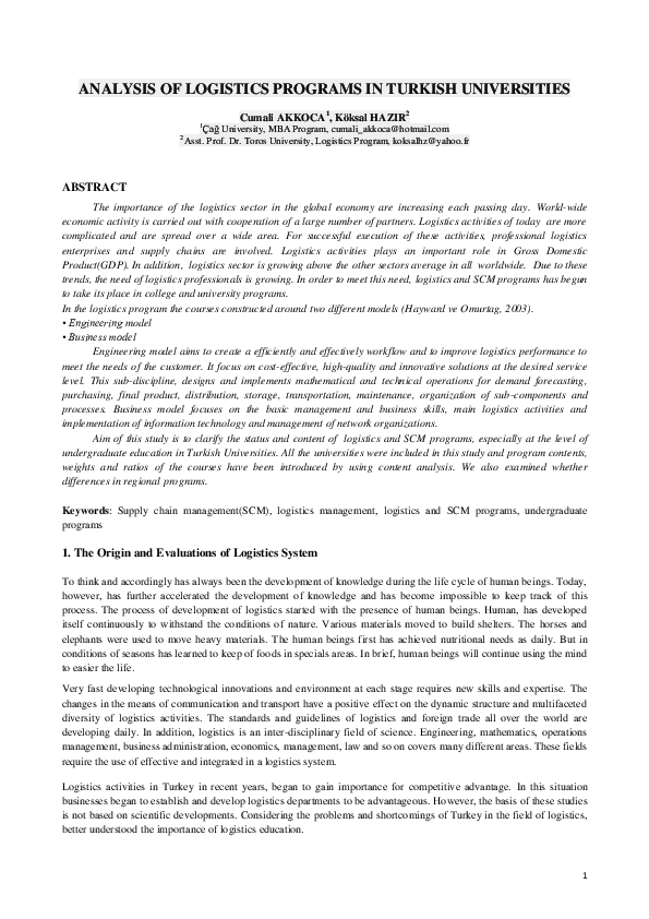 (DOC) ANALYSIS OF LOGISTICS PROGRAMS IN TURKISH UNIVERSITIES