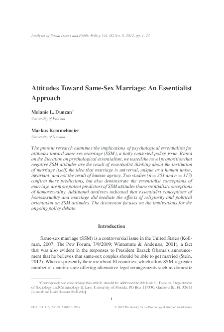 Pdf Attitudes Toward Same Sex Marriage An Essentialist Approach 0366