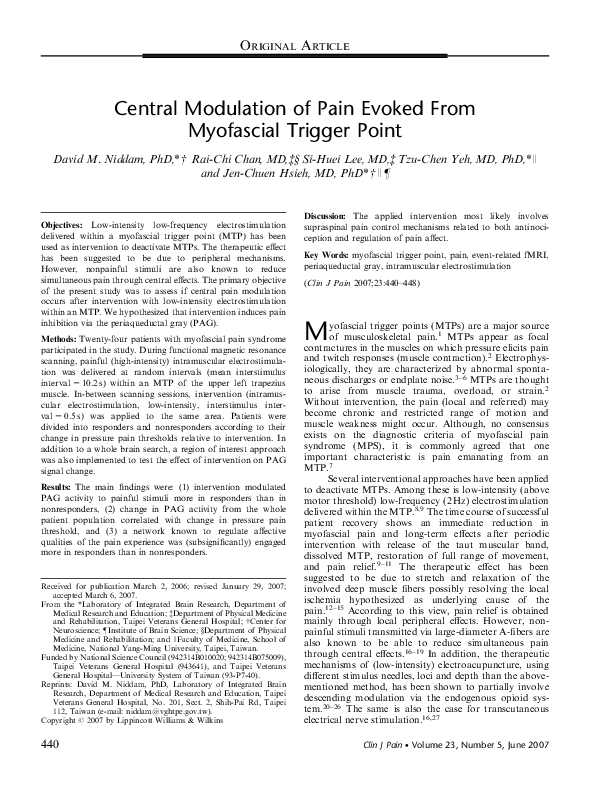 (PDF) Central Modulation of Pain Evoked From Myofascial Trigger Point