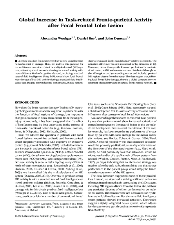 (PDF) Global Increase in Task-related Fronto-parietal Activity after Focal Frontal Lobe Lesion