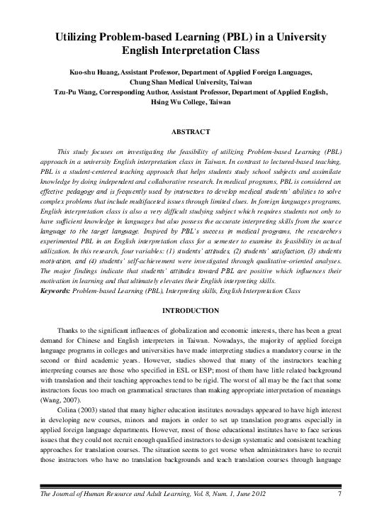 (PDF) Utilizing Problem-based Learning (PBL) in a University English Interpretation Class