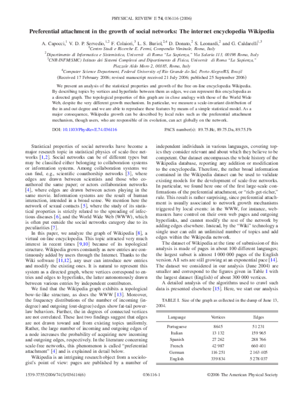(PDF) Preferential attachment in the growth of social networks: The internet encyclopedia Wikipedia