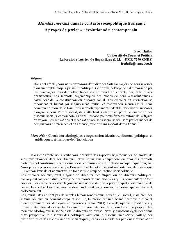 (DOC) Mundus inversus dans le contexte sociopolitique français