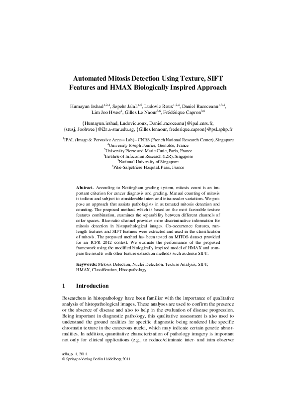 Automated Mitosis Detection Using Texture, SIFT Features and HMAX Biologically Inspired Approach