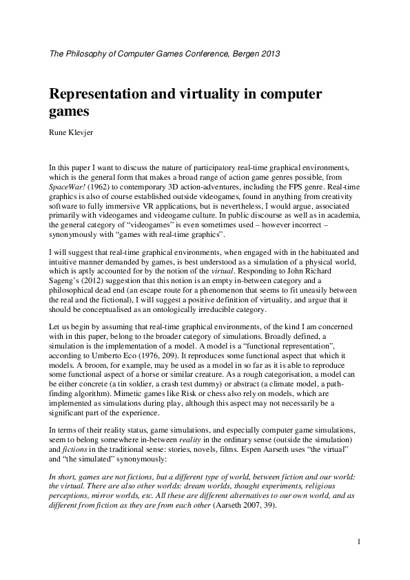 (PDF) Representation and virtuality in computer games