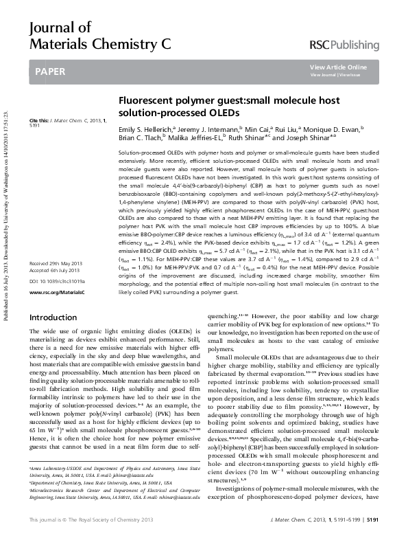 Fluorescent polymer guest:small molecule host solution-processed OLEDs