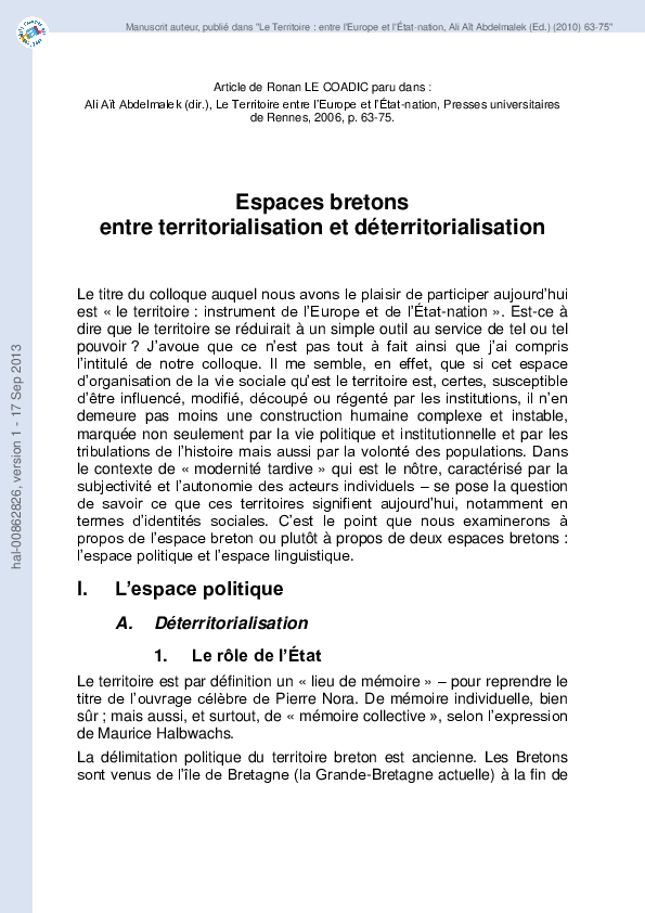 (PDF) Espaces bretons entre territorialisation et déterritorialisation