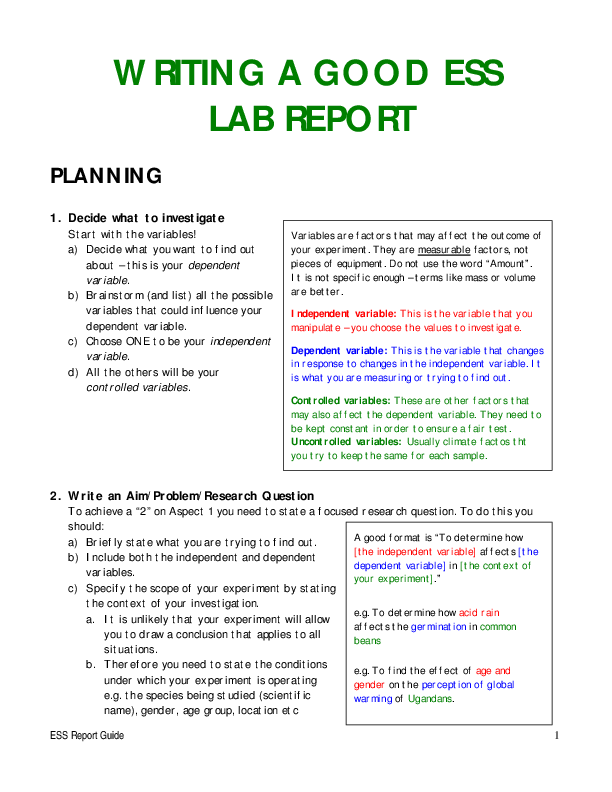 Sample Lab Report Example ESS Report Guide WRITING A GOOD ESS LAB