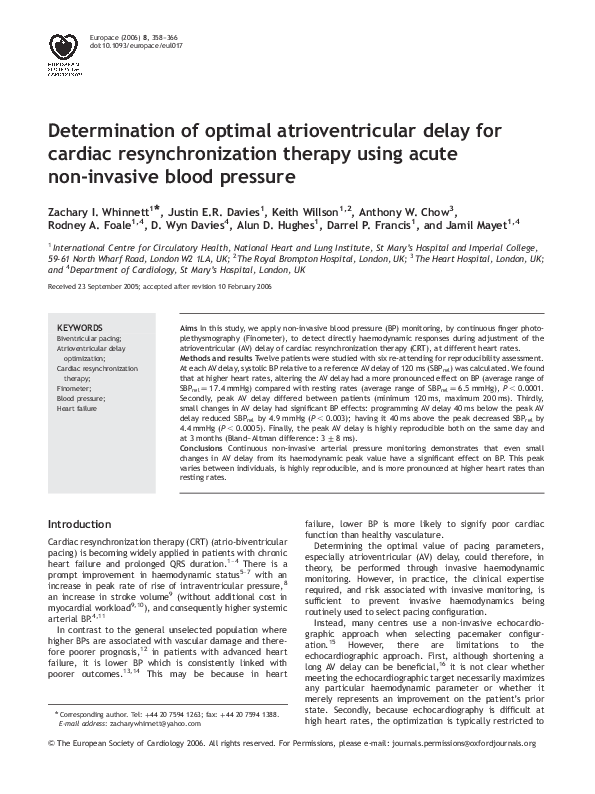 (PDF) Determination of optimal atrioventricular delay for cardiac resynchronization therapy ...