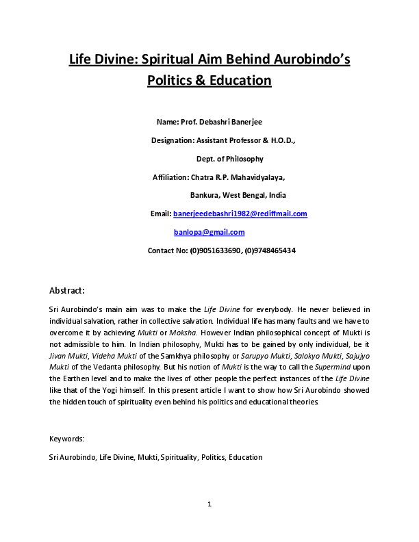 (DOC) Life Divine: Spiritual Aim behind Aurobindo's Five Stages of ...