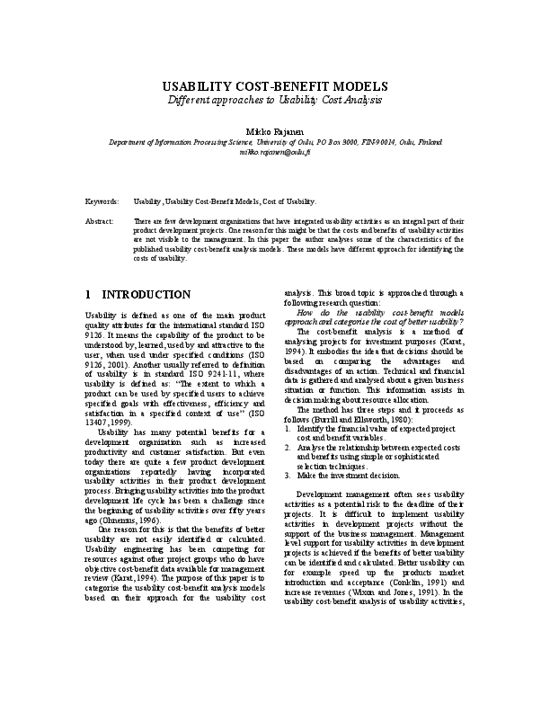 Pdf Usability Cost Benefit Models Different Approaches To Usability Cost Analysis