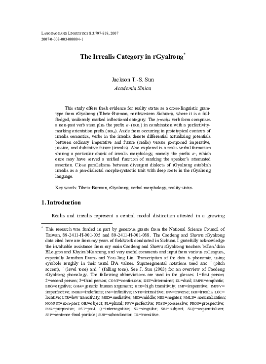 (PDF) The irrealis category in rGyalrong