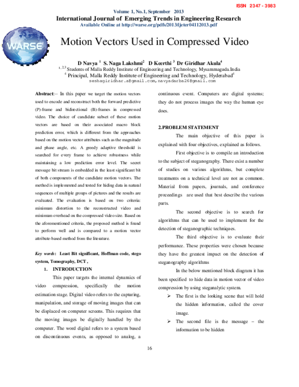 (PDF) Motion Vectors Used in Compressed Video