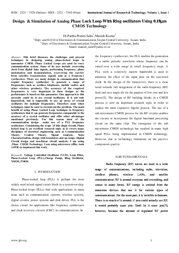 Pdf Design And Simulation Of Analog Phase Lock Loop With Ring