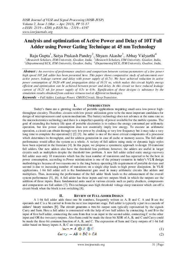 Pdf Analysis And Optimization Of Active Power And Delay Of 10t Full Adder Using Power Gating
