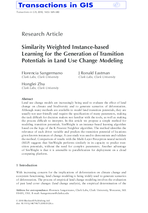 Similarity Weighted Instance-based Learning for the Generation of Transition Potentials in Land ...